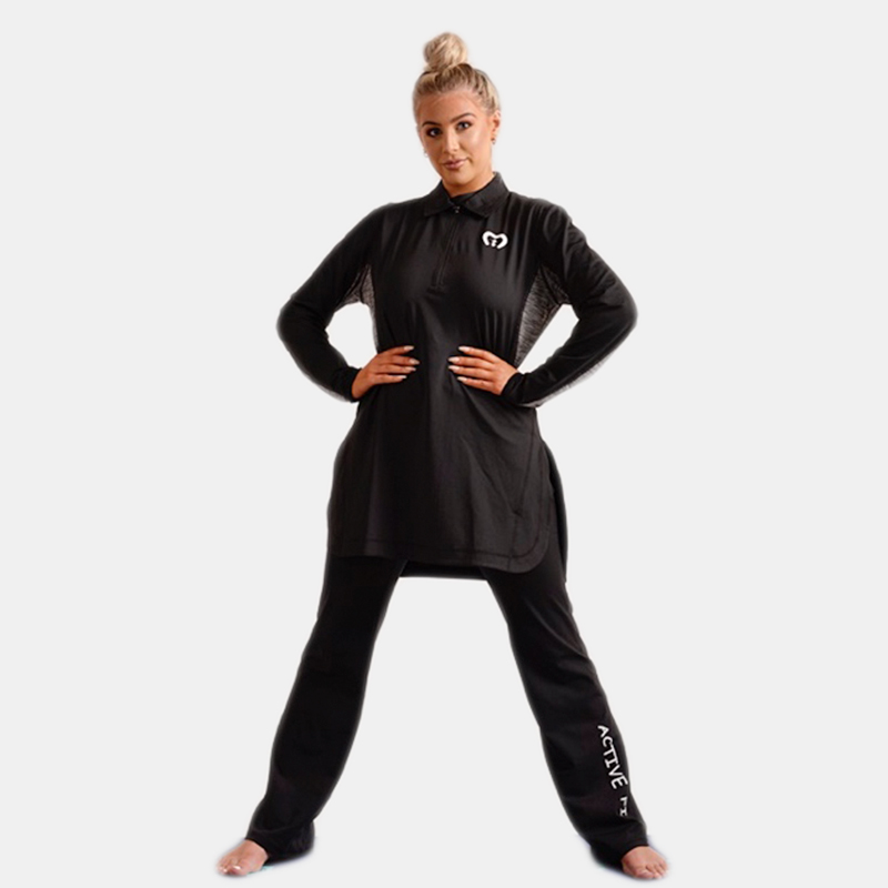 Aqua Contrast Half Zip Long line Tunic (TUNIC TOP ONLY) - Modestly Active